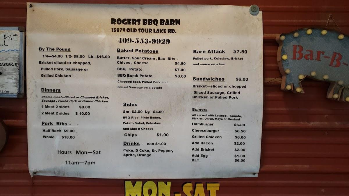 Menu at Rogers BBQ Barn, China
