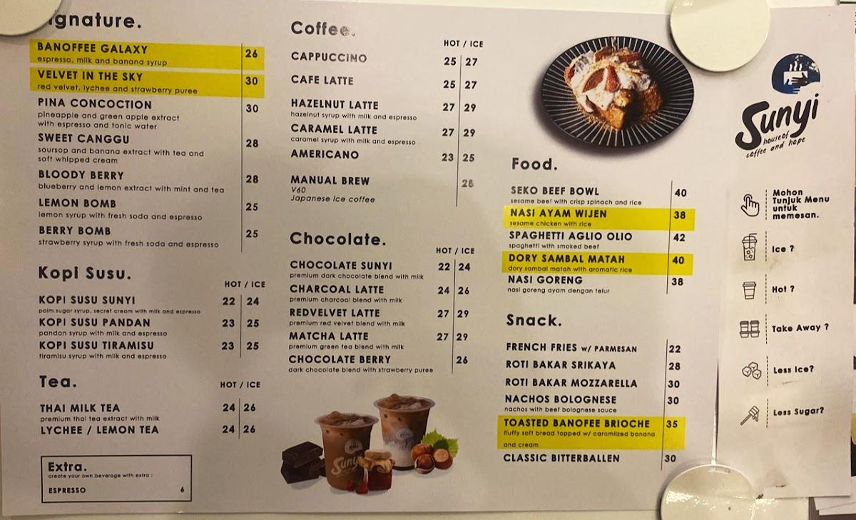 Menu at Sunyi Coffee - Bekasi Ruko Grand Galaxy cafe, Bekasi Regency