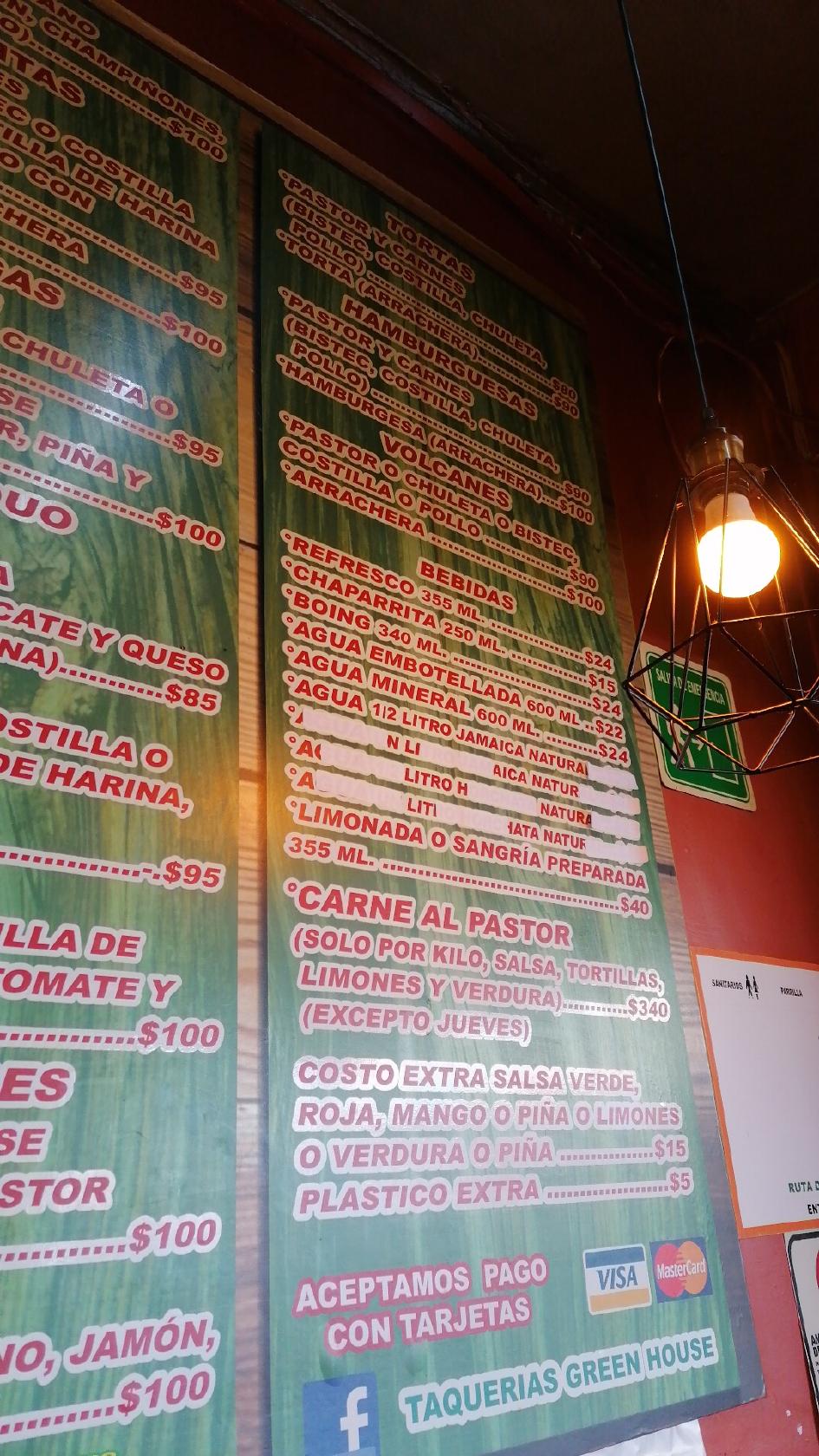Carta del restaurante Taqueria Green House, Ciudad del México