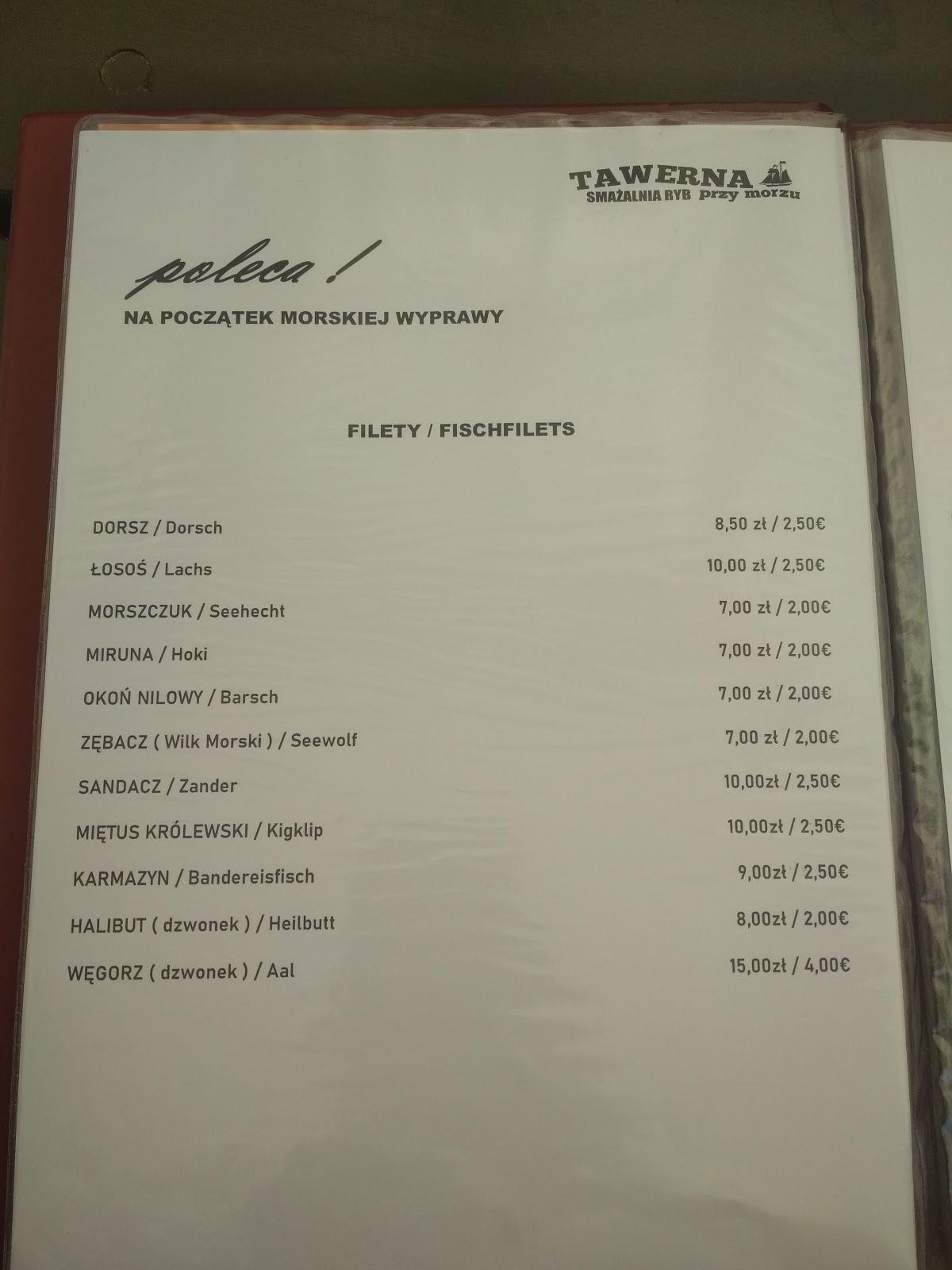 Menu at Tawerna Przy Morzu S.C. Katarzyna Rombalska Piotr Radzki ...