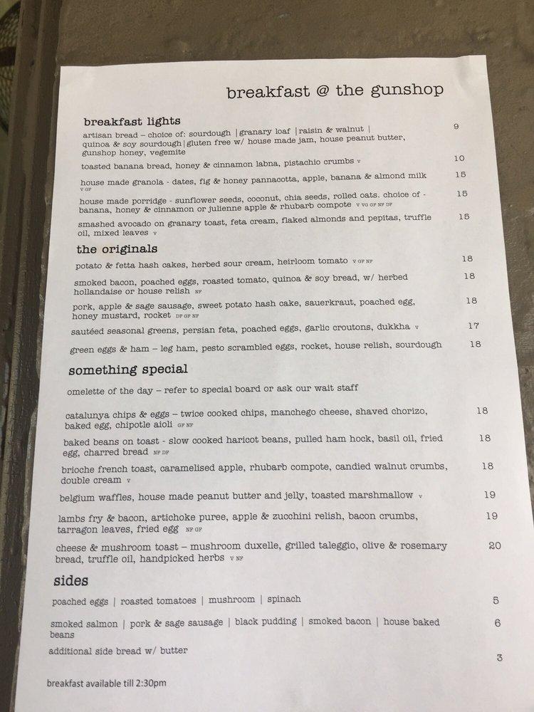 Menu at The Gunshop Cafe, West End