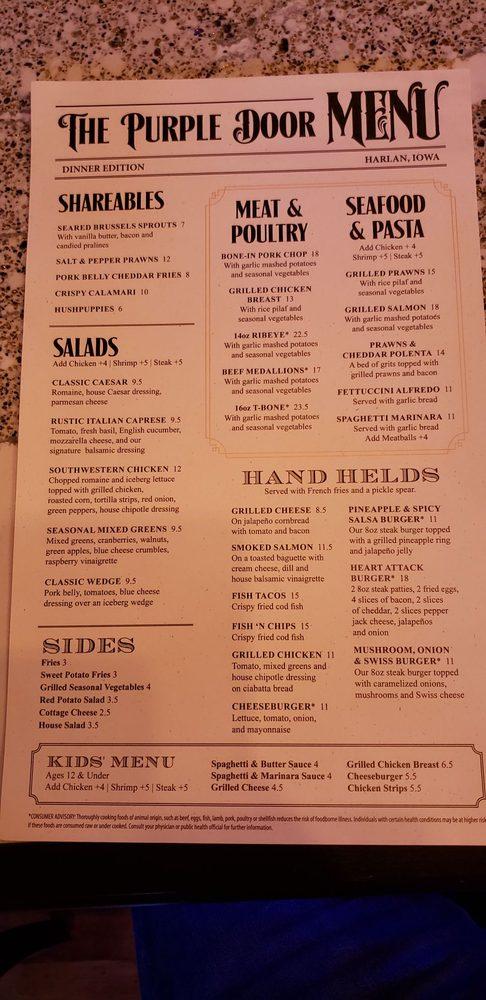 Menu at The Purple Door restaurant, Harlan