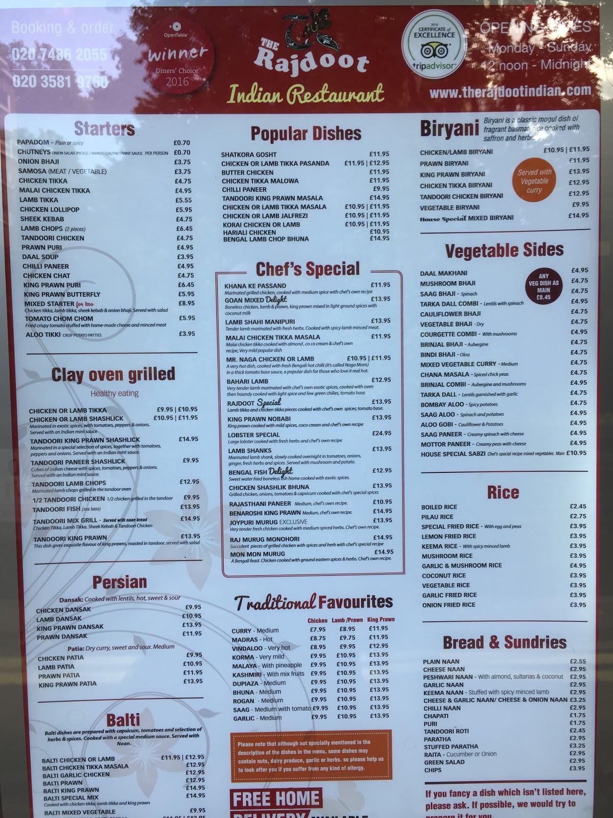 Menu at The Rajdoot restaurant, London, 49 Paddington St