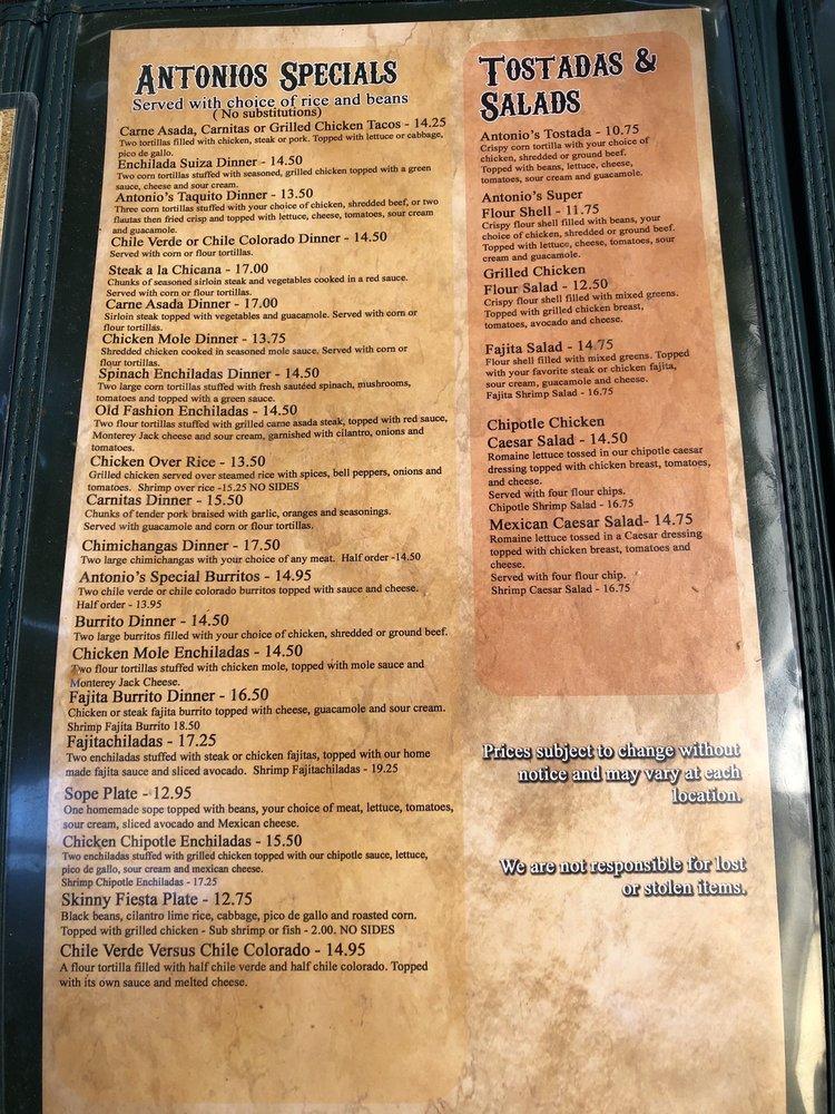 Menu at Antonio's Méxican Restaurant, Fresno