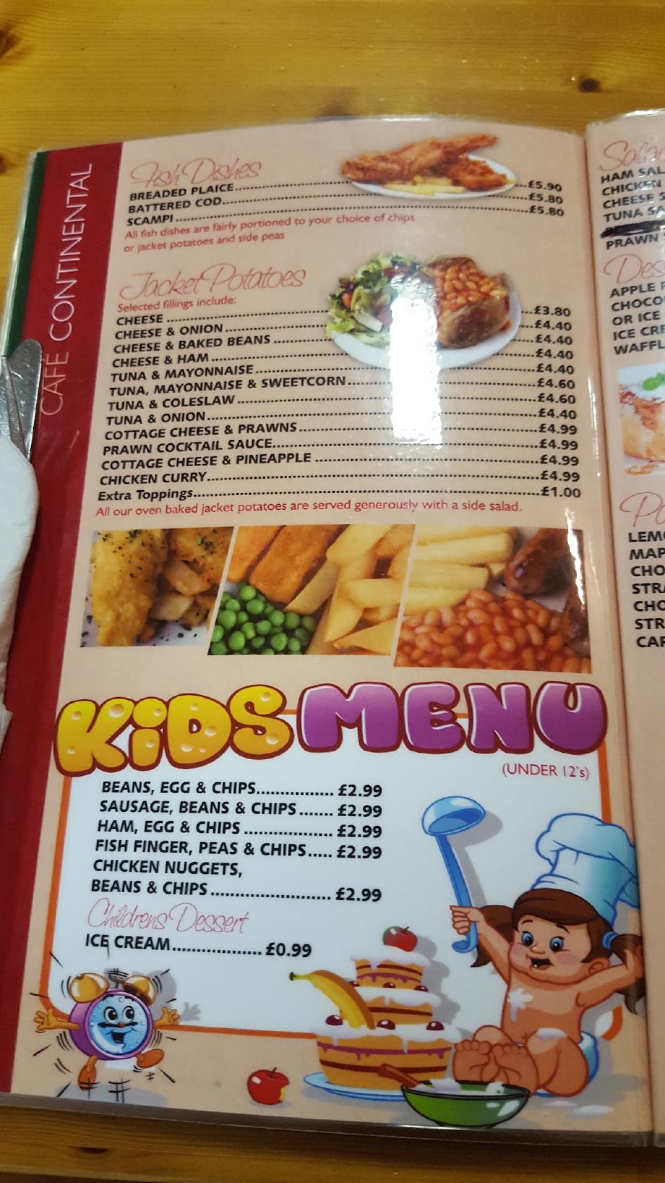 Menu at Continental cafe, Swansea, 37 Castle St