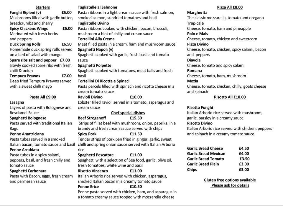 Menu at Divino Italian Restaurant Wigan, Wigan, 4 Orrell Rd