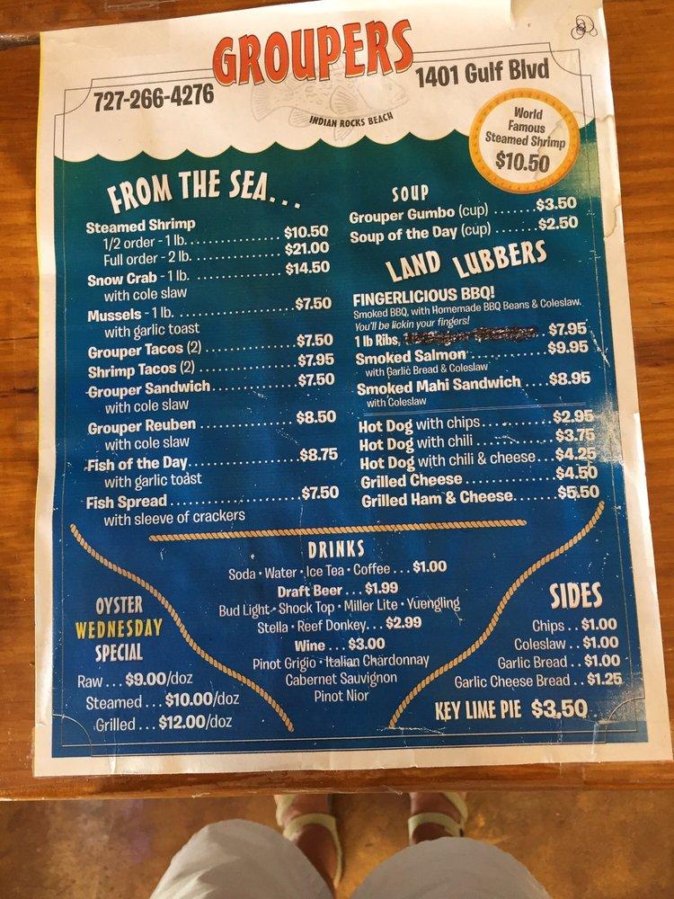 Menu at Groupers on the Gulf restaurant, Indian Rocks Beach