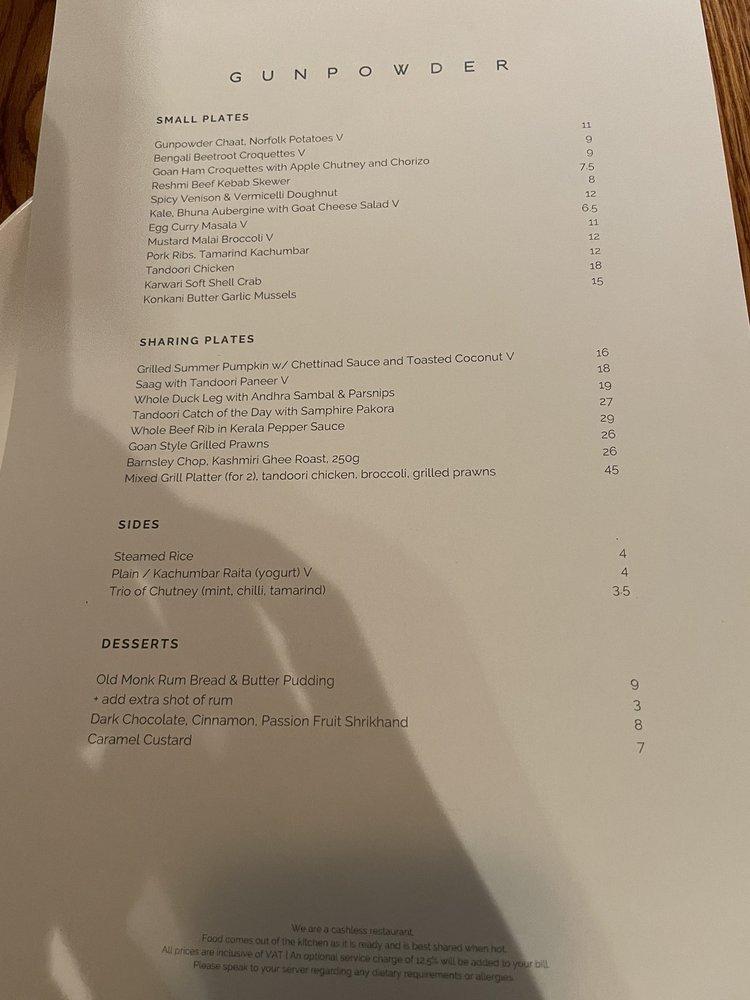Menu at Gunpowder Tower Bridge restaurant, London, 4 Duchess Walk