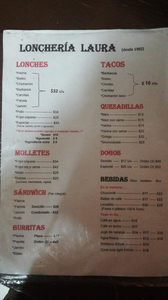 Menu at Loncheria Laura restaurant, Guadalajara