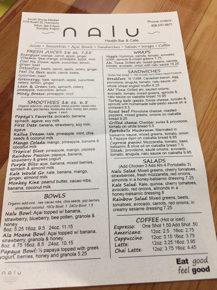 Carta de Nalu Health Bar & Cafe, Honolulu, Auahi St #145