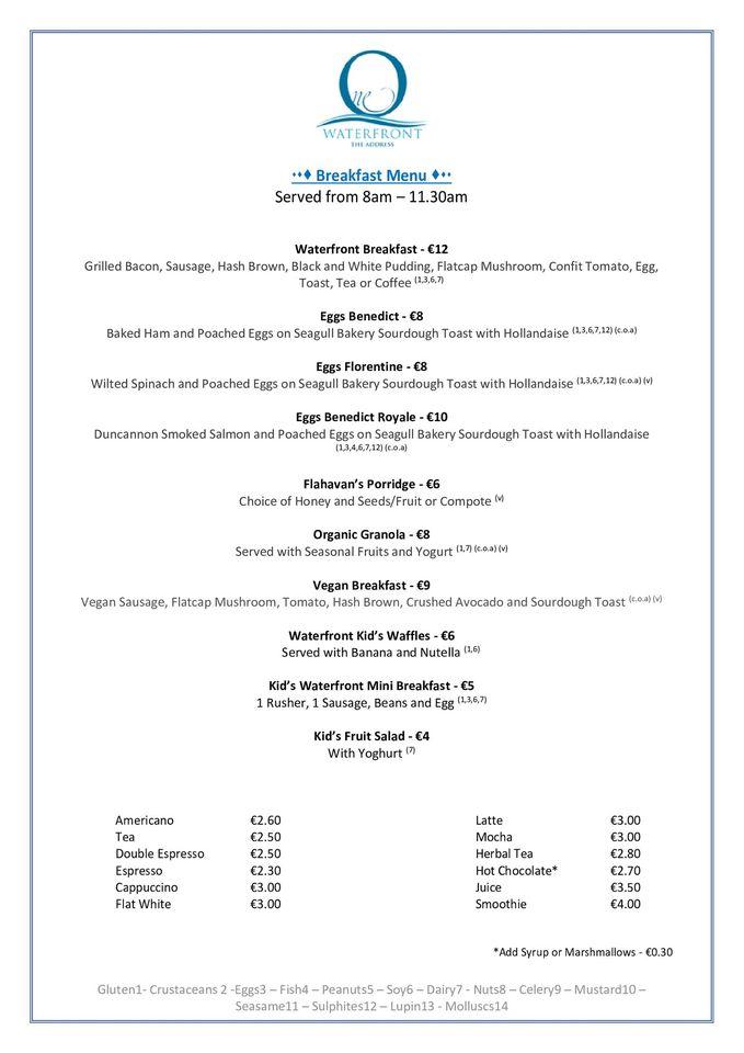 Menu at One the Waterfront cafe, Tramore