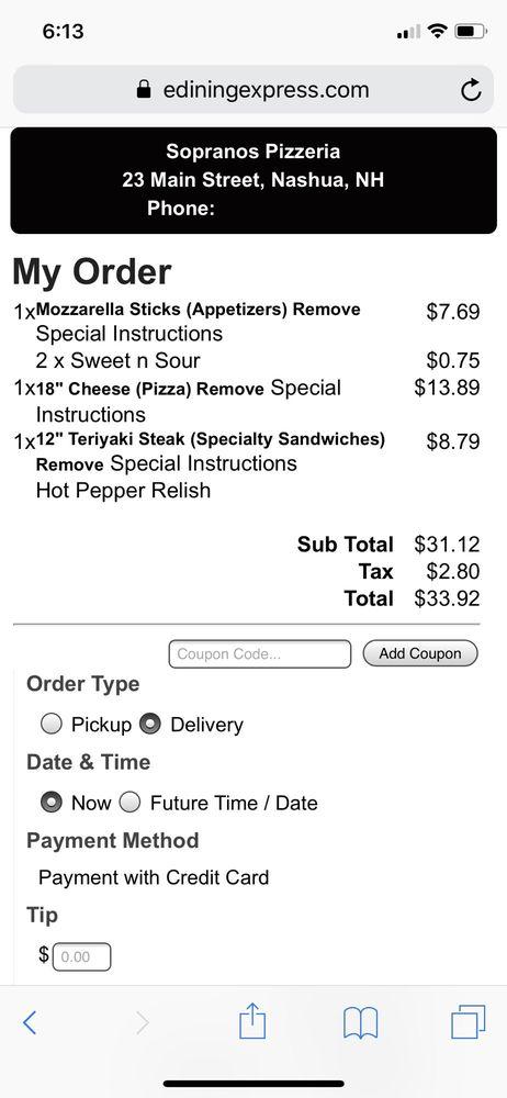 Menu at Soprano's Pizzeria, Nashua