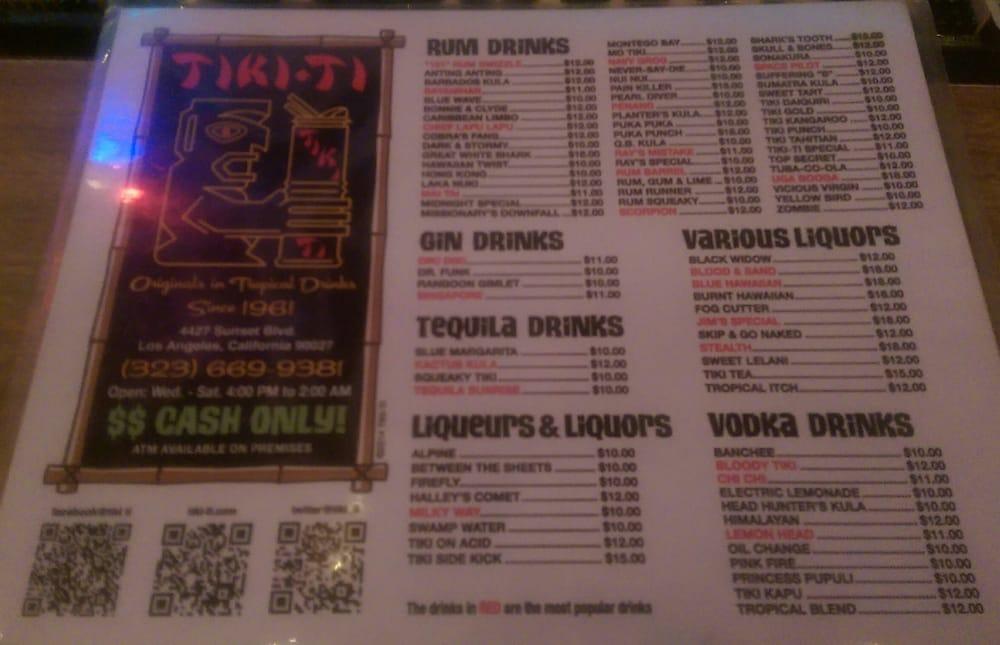 Menu at Tiki-Ti pub & bar, Los Angeles