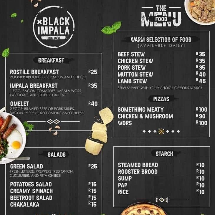 Menu at Black Impala Tshisanyama restaurant, Port Elizabeth