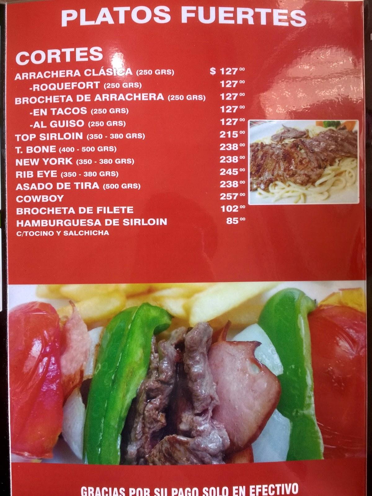 Carta de parrilla El Charrua Pura Carne, Oaxaca