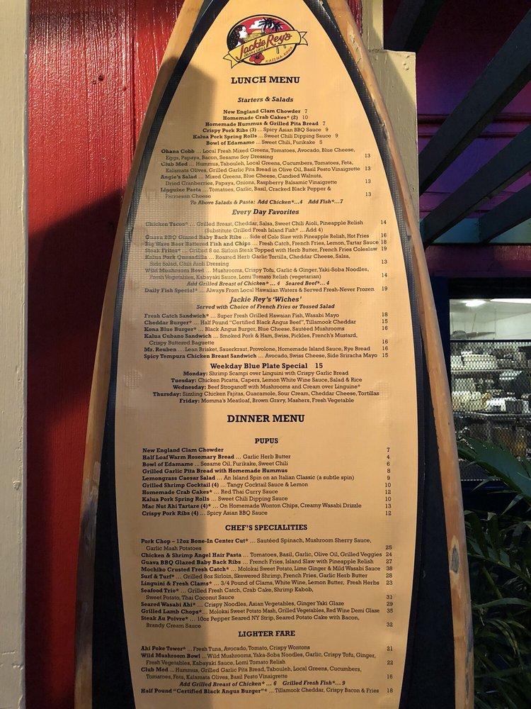 Menu at Jackie Rey's Kailua-Kona restaurant, Kailua-Kona