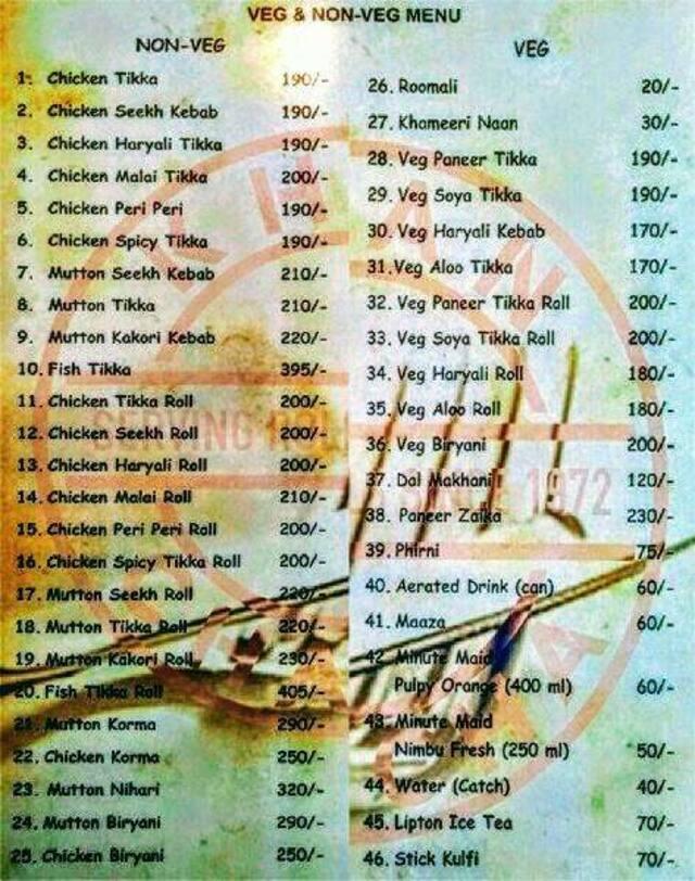 Menu at Khan Chacha, New Delhi, District Center