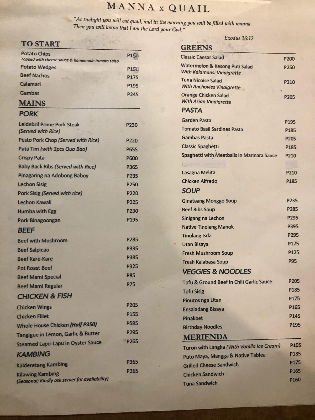 Menu at Manna & Quail cafe, Valencia City