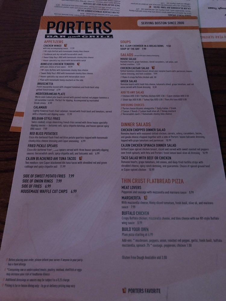 Menu at Porters Bar and Grill, Boston, 173 Portland St