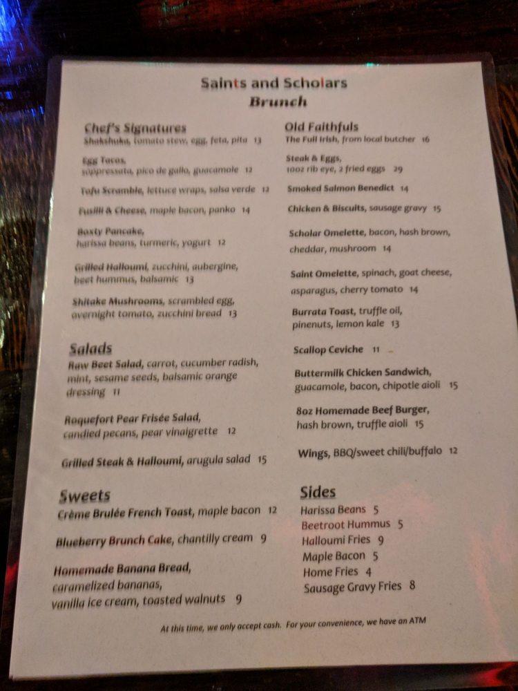 Menu at Saints & Scholars pub & bar, Yonkers