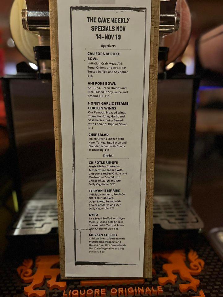 Menu at The Cave steakhouse, Delta Junction
