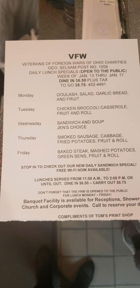 Menu at VFW Post 1058 pub & bar, Zanesville