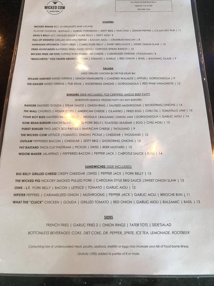 Menu at Wicked Cow Burgers and Brews - Upland pub & bar, Upland