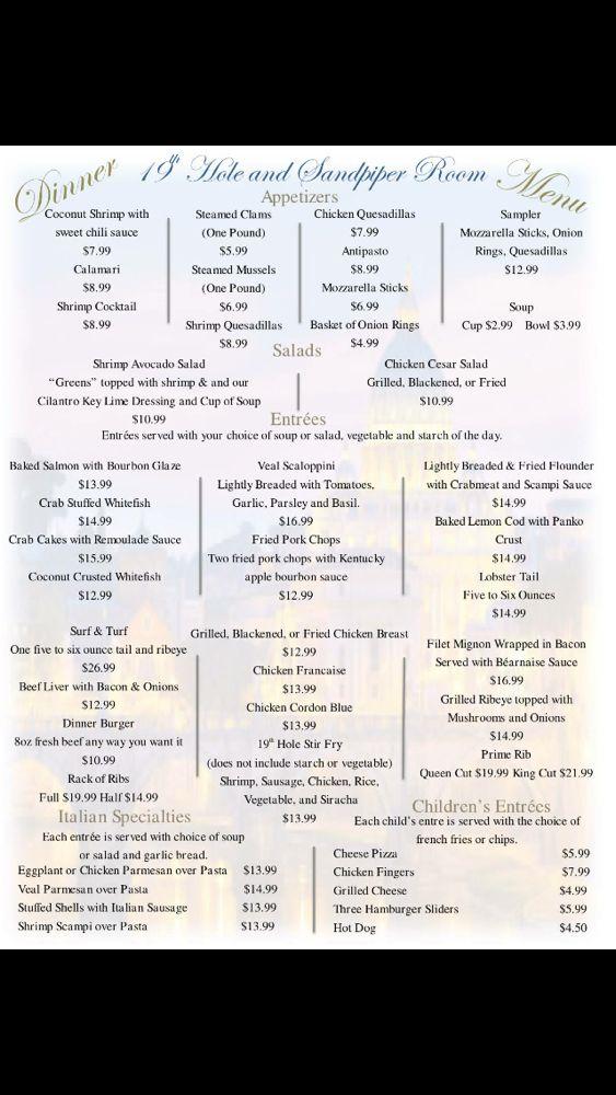 Menu at 19th Hole & Sandpiper Room restaurant, Port St. Lucie