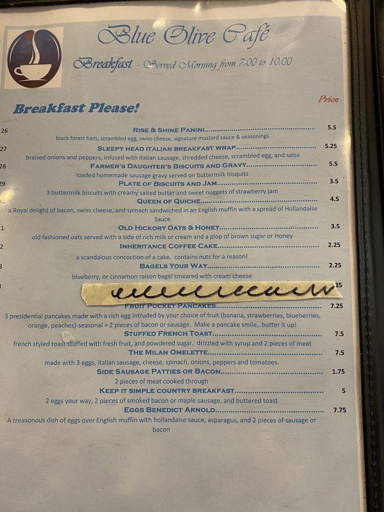 Menu at Blue Olive Cafe, Milan