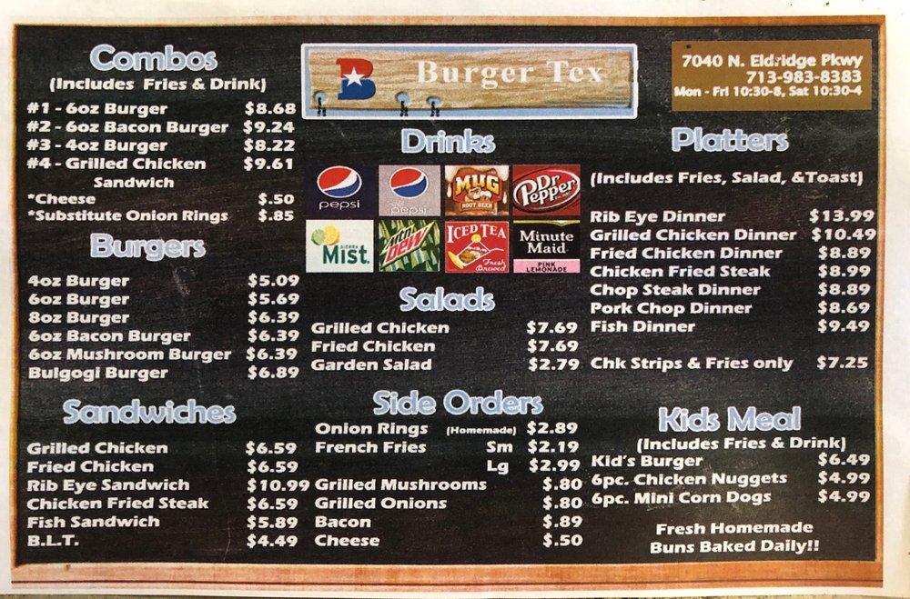 Menu at Burger tex restaurant, Houston, N Eldridge Pkwy