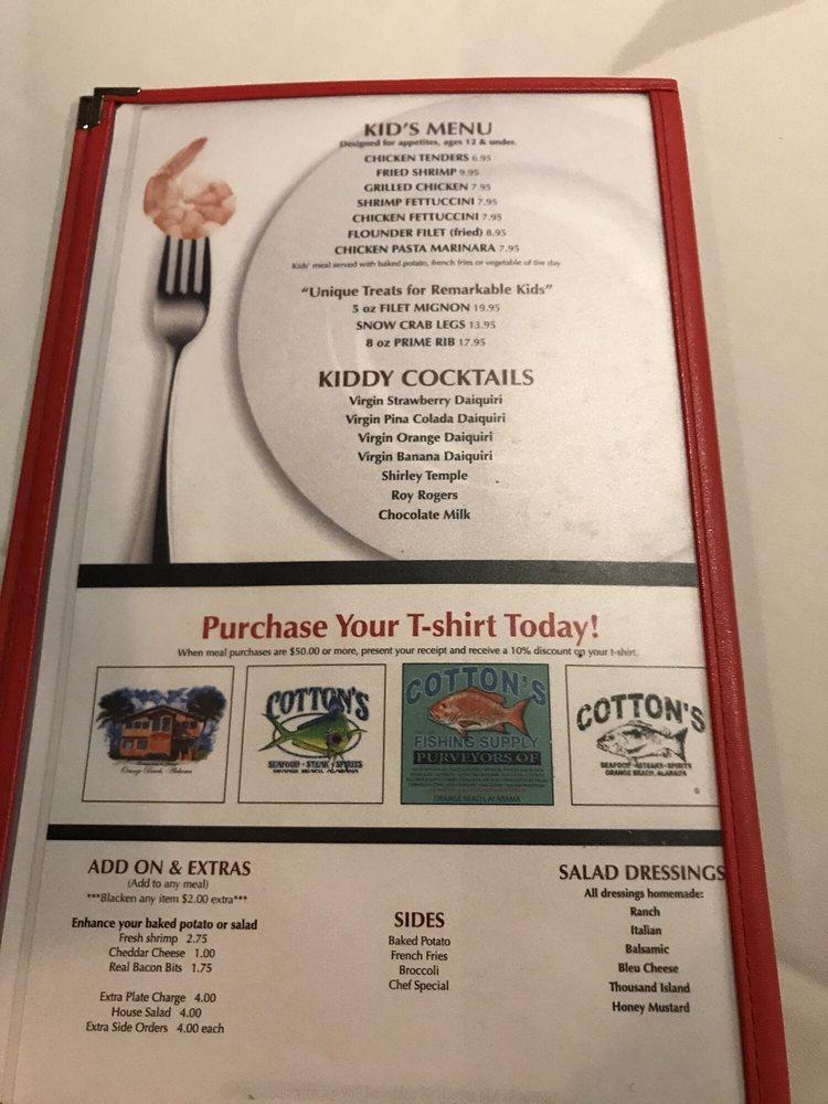 Menu at Cotton's Restaurant, Orange Beach