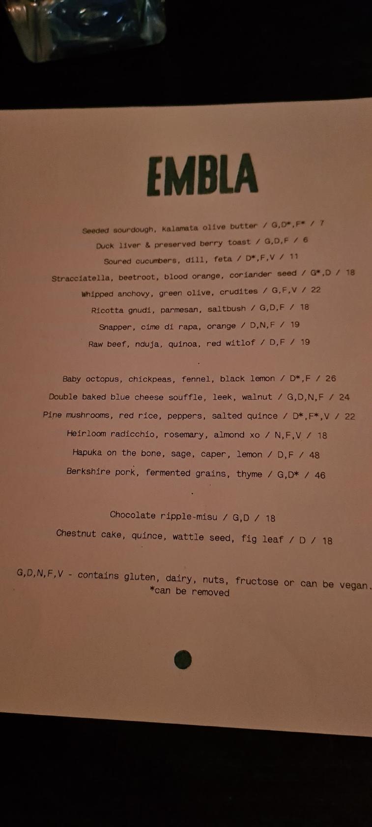 Menu at Embla pub & bar, Melbourne