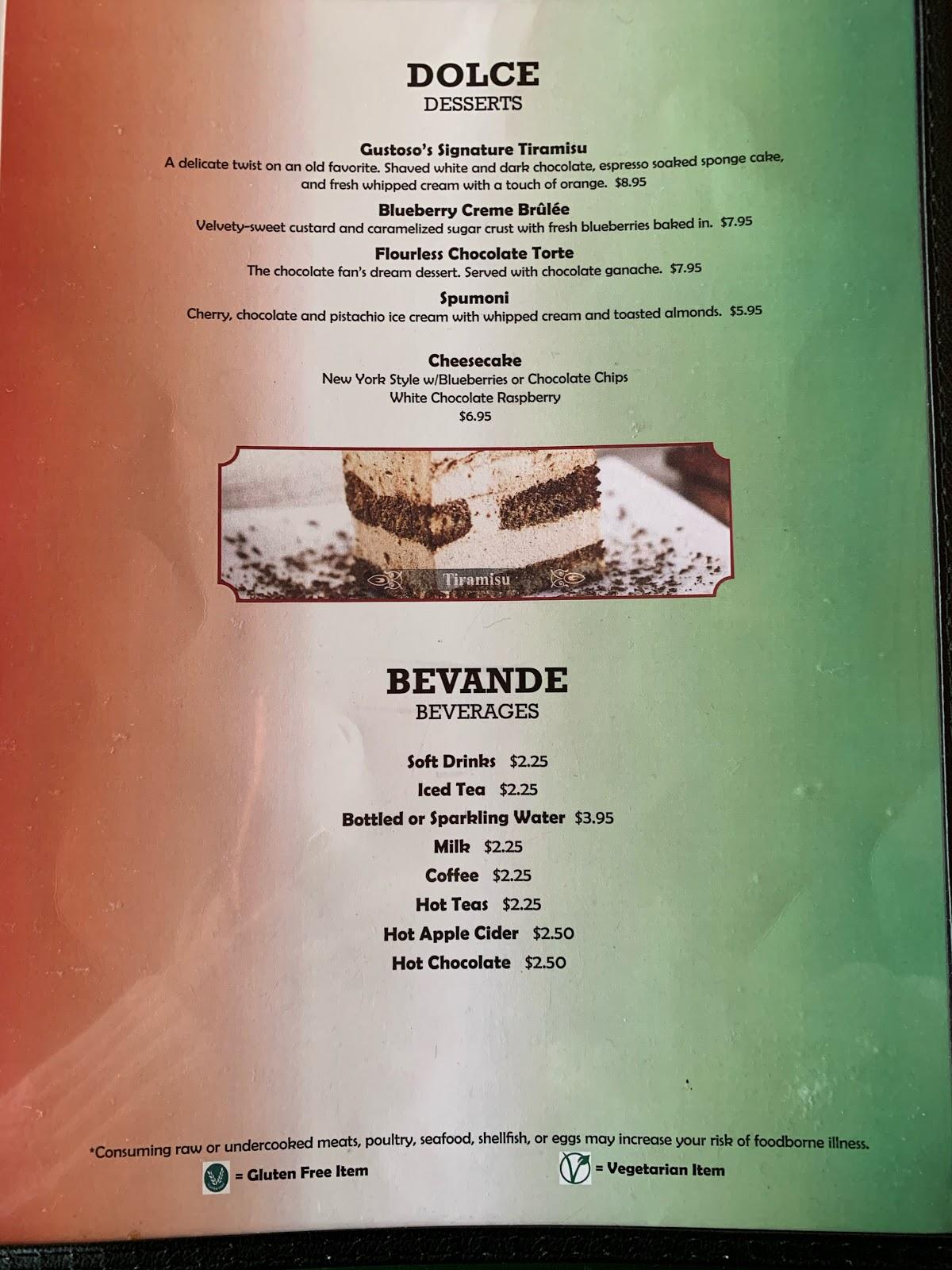 Menu at Gustoso Italian Restaurant, Pagosa Springs
