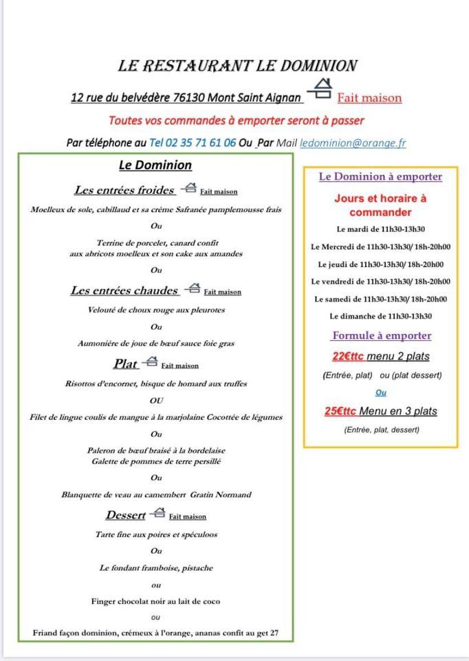 Menu at Le Dominion restaurant, Mont-Saint-Aignan