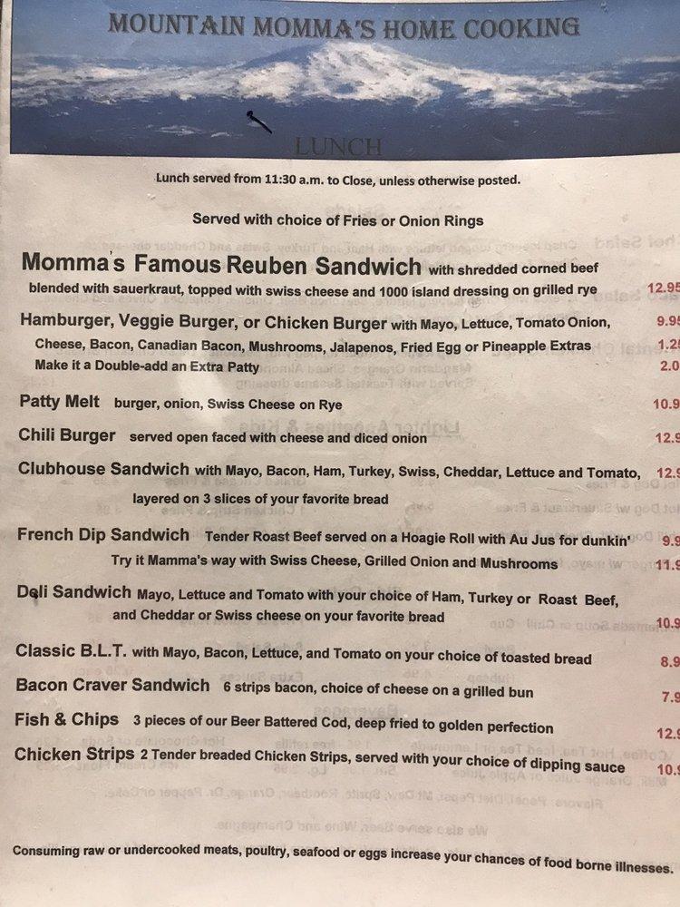 Menu at Mountain Mommas restaurant, USA