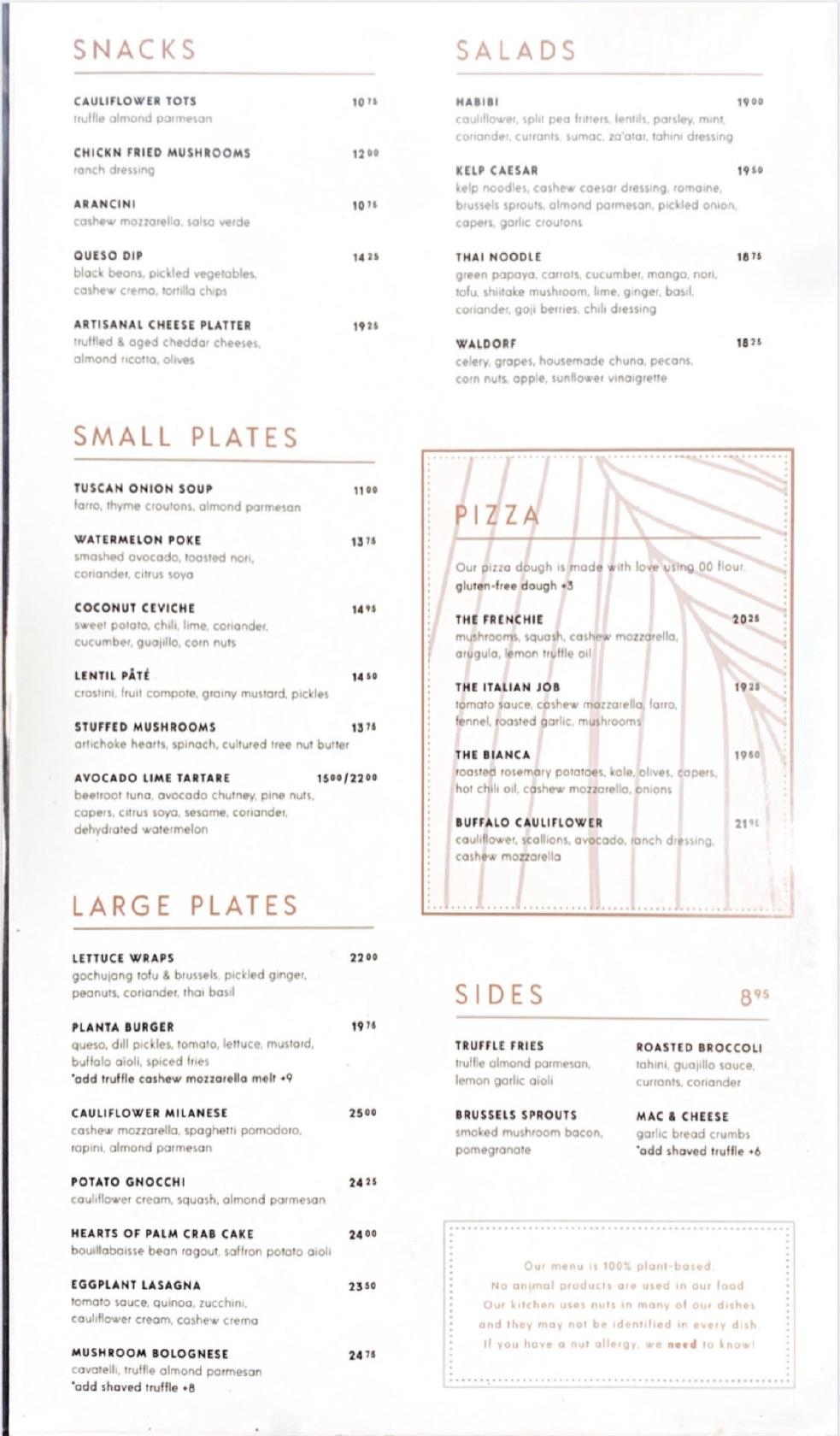 Menu au PLANTA restaurant, Toronto
