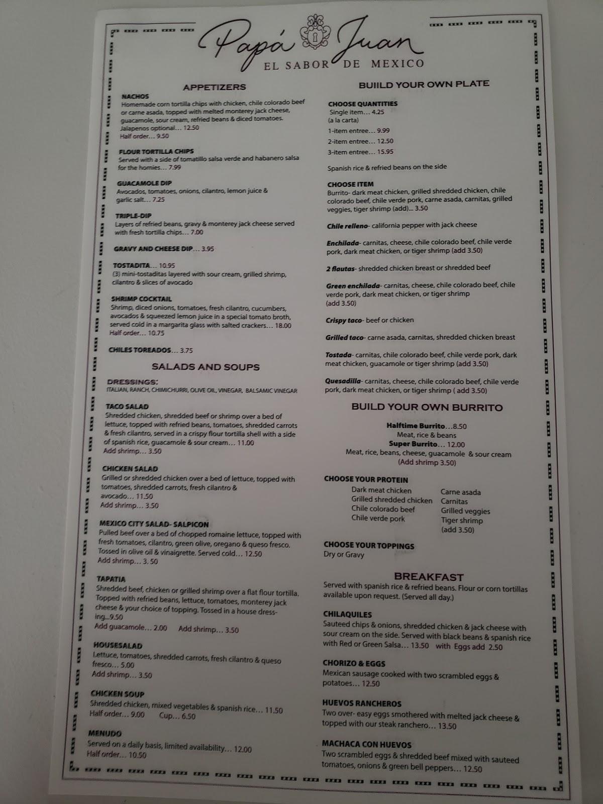 Menu at Papa Juan restaurant, Manteca