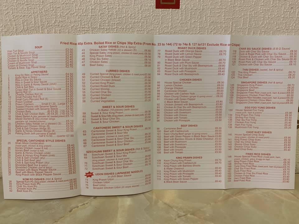 Menu at Shan Moon fast food, Saltcoats