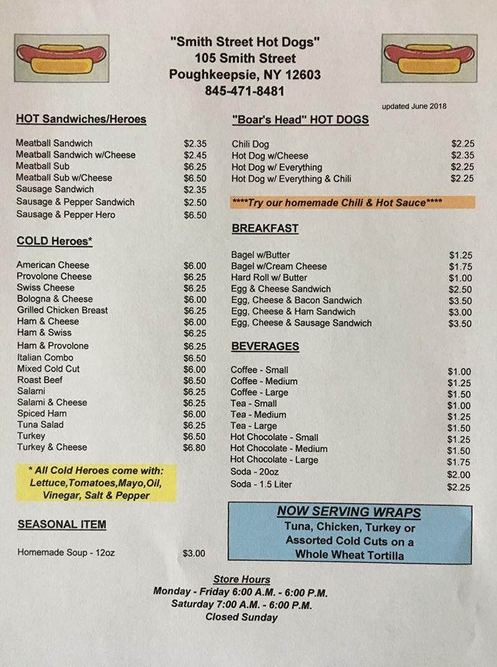 Menu at Smith Street Hot Dogs, Poughkeepsie