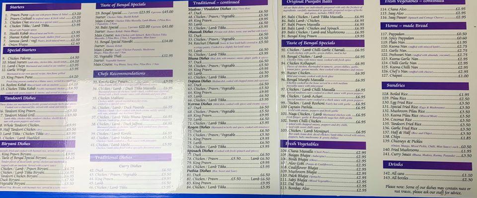 Carta del restaurante Taste of Bengal, Pontypridd
