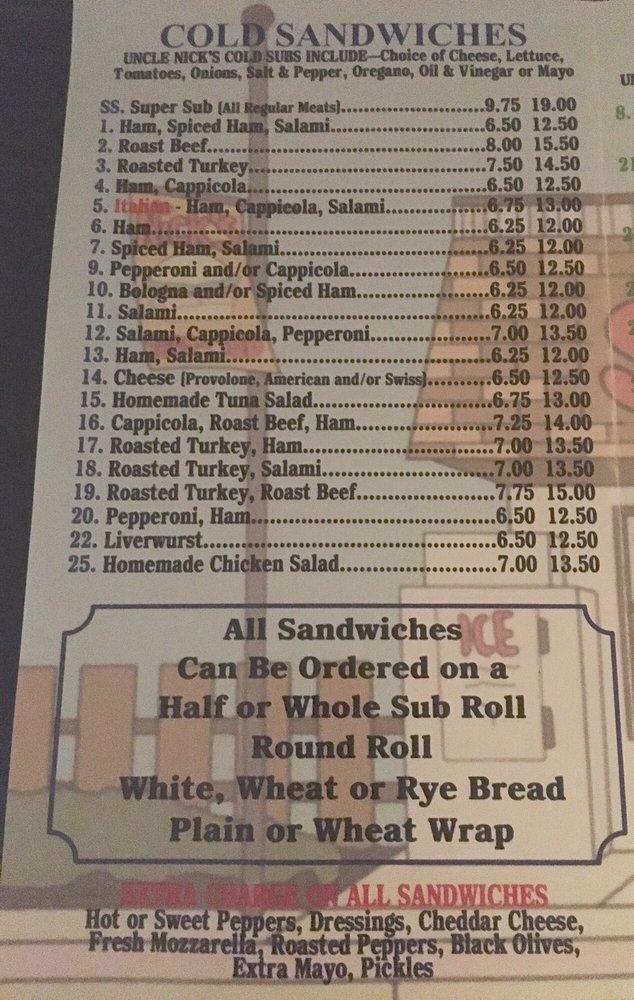 Menu at Uncle Nick's Sub Shop restaurant, Seaside Park