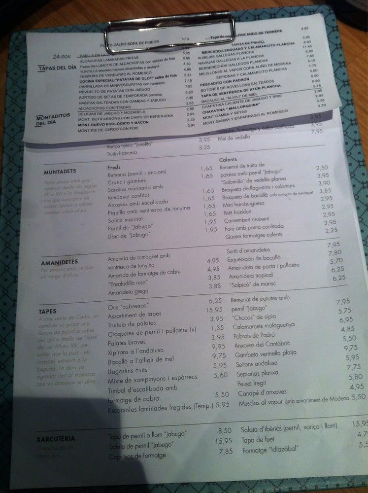 Menu at Vinitus pub & bar, Barcelona, C/ del Consell de Cent