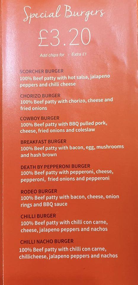 Menu at Becky's, Leeds