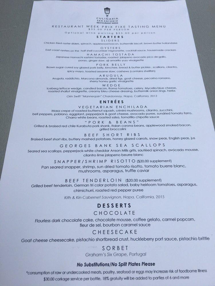 Menu at Bliss restaurant, San Antonio