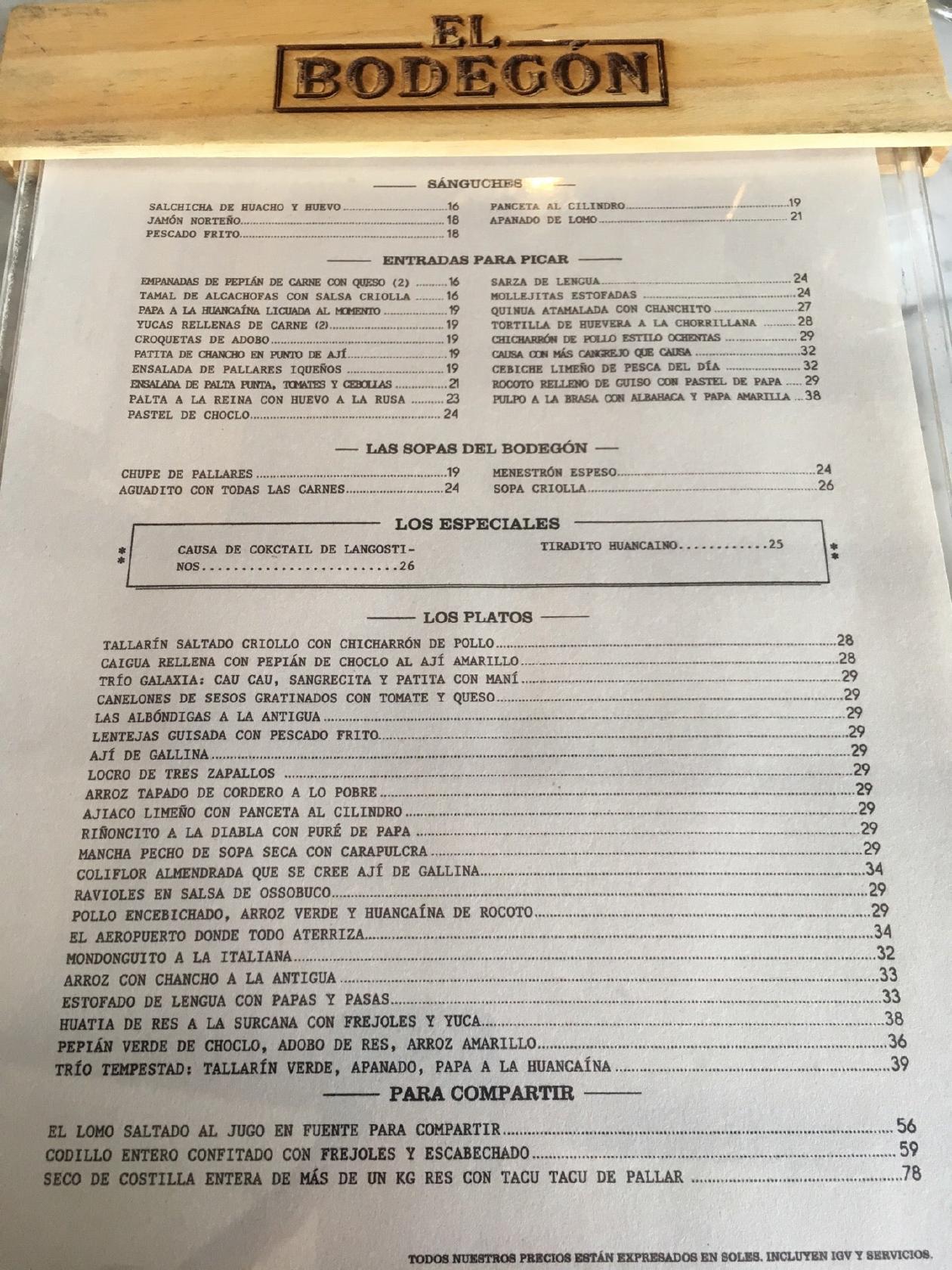 Menu at El Bodegon de Miraflores restaurant, Miraflores, C. Tarapacá 197