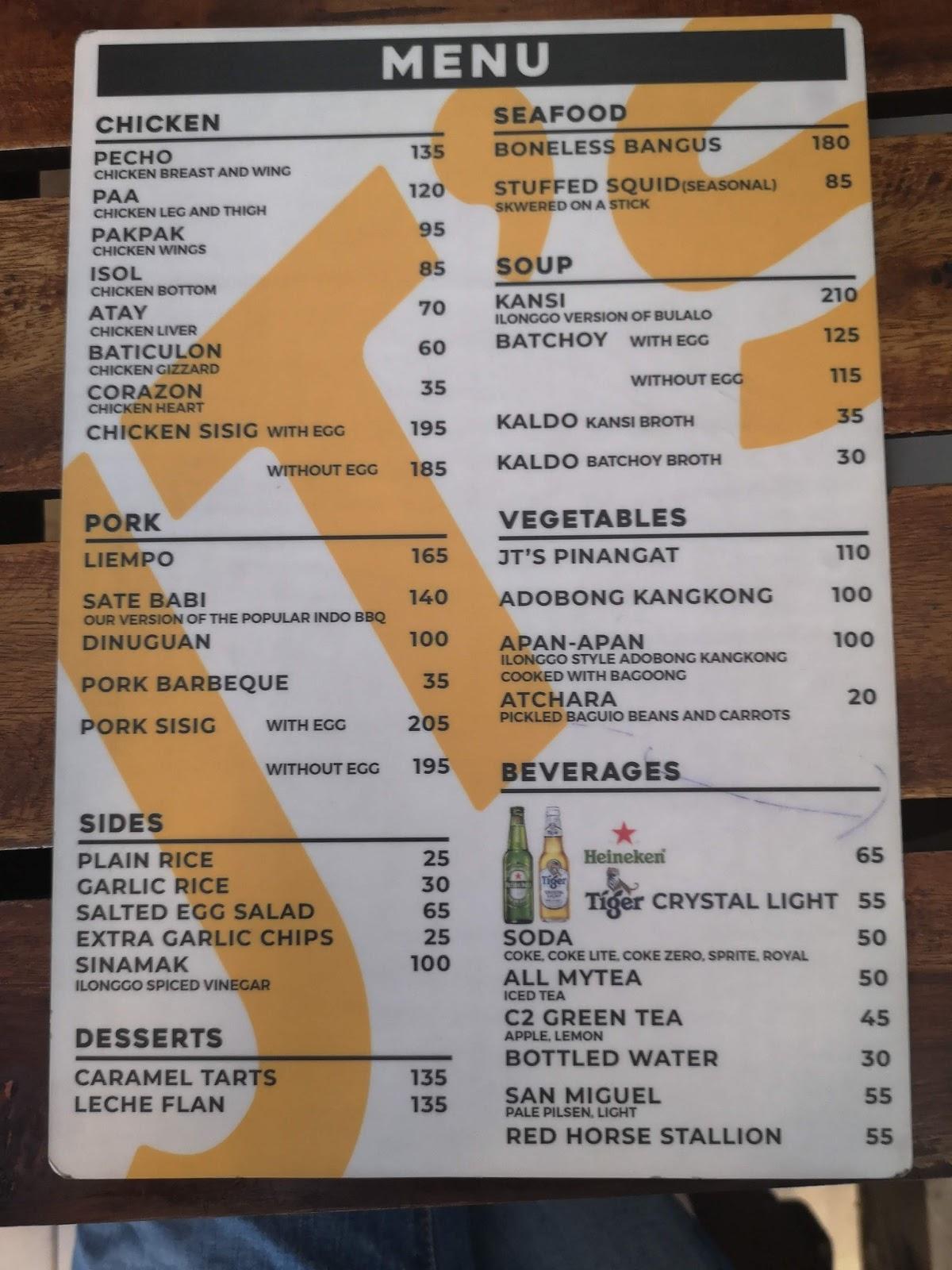 Menu at JT's Manukan Grille restaurant, Quezon City, 4 Granada