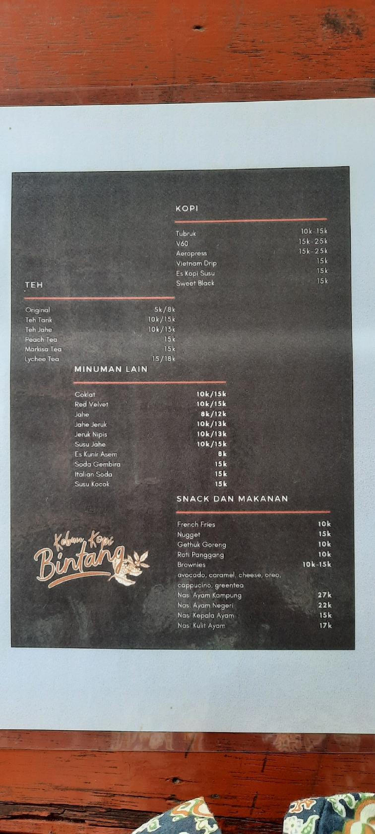 Menu at Kebun Kopi Bintang, Salatiga