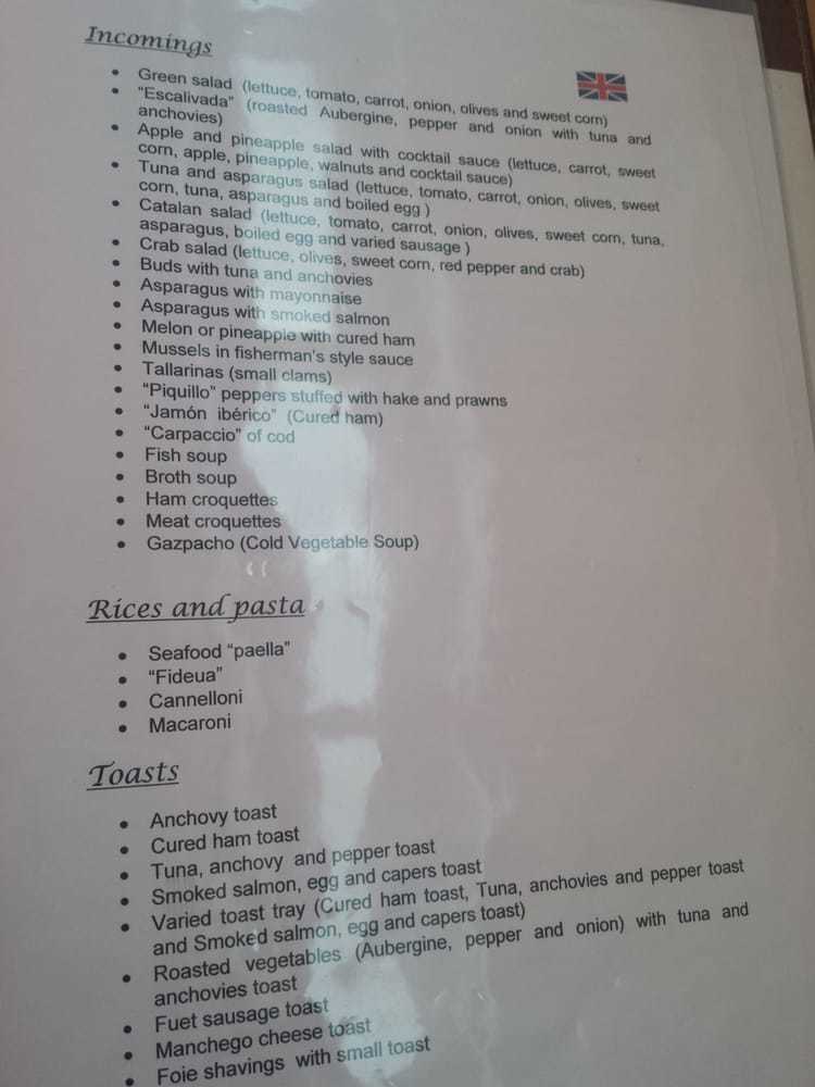Carta de Restaurant Lloret, Casteldefels