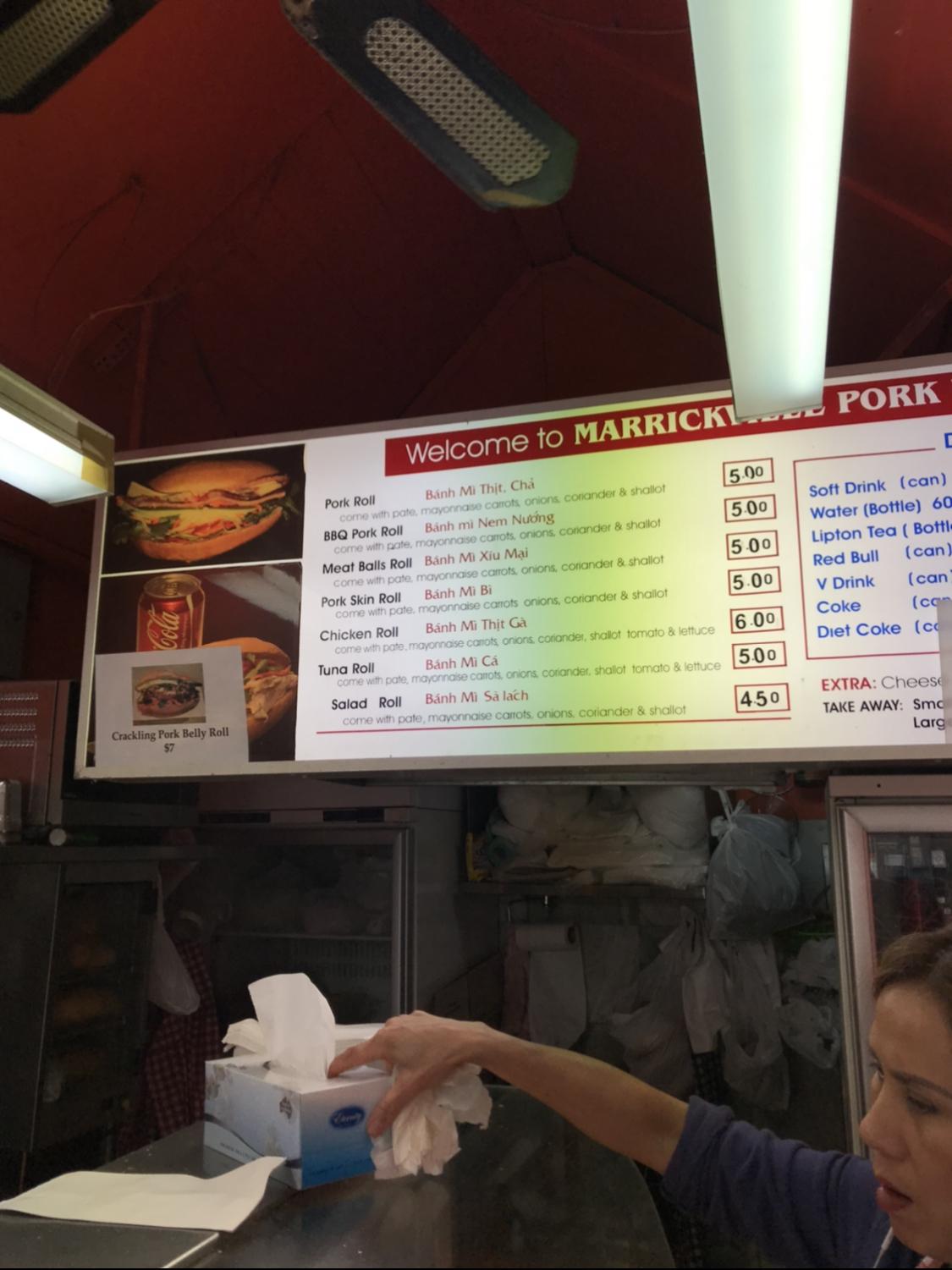 Menu at Marrickville Pork Roll fast food, Marrickville, 236 Illawarra Rd