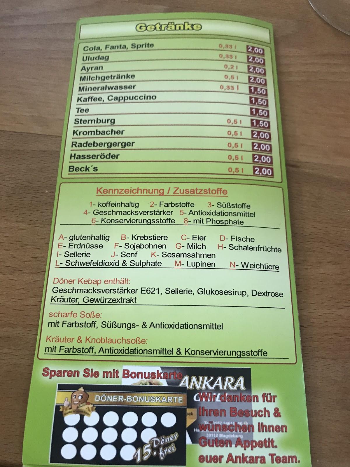 Menu at Ankara Grill restaurant, Magdeburg
